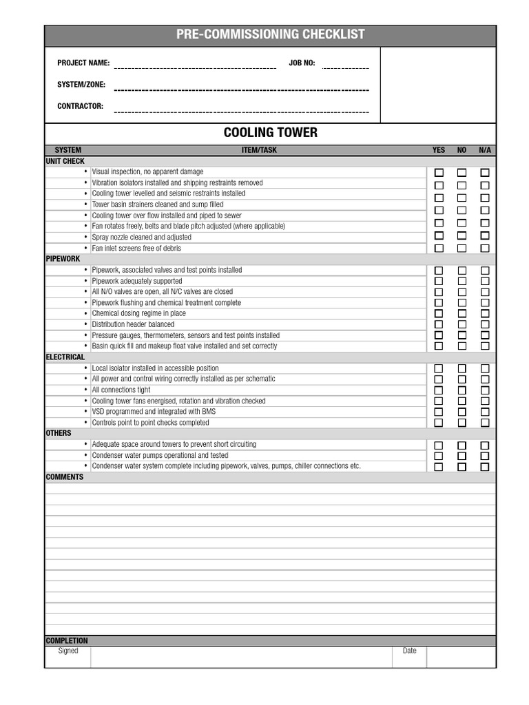 Pre-Commissioning Checklist: Cooling Tower