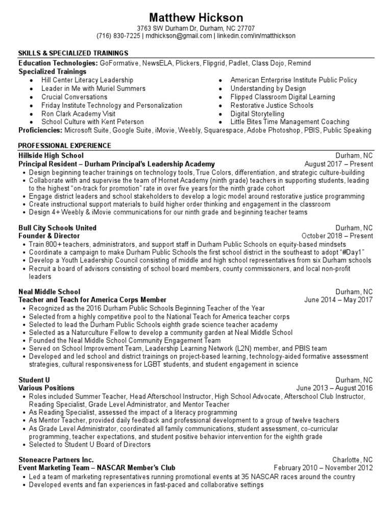Resume - Matthew Hickson | PDF | University Of North Carolina At Chapel ...