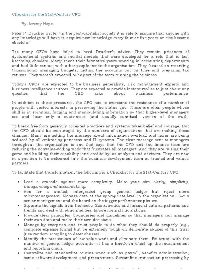 CFO Checklist For The 21st | PDF | Chief Financial Officer | Business