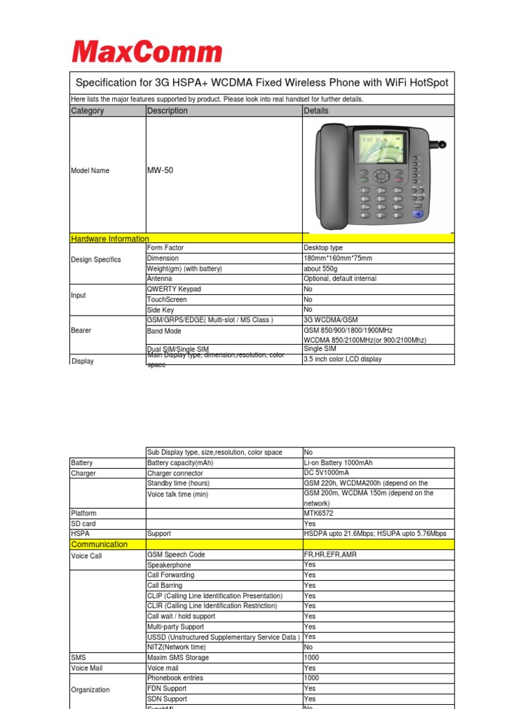 MAXCOMM 3G HSPA+WCDMA WiFi HotSpot FWP Phone Spec-MW-50 | PDF | Gsm ...