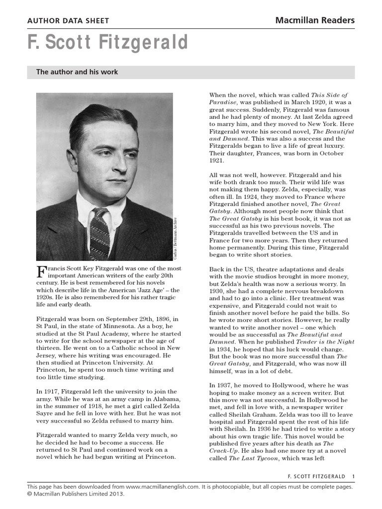 Great Gatsby Author Data Sheet | PDF | F. Scott Fitzgerald | Zelda ...