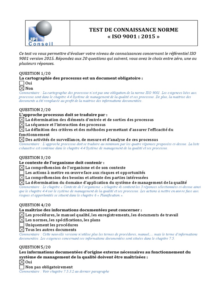 Test de Connaissance Avec Corrige | PDF | Management de la qualité ...