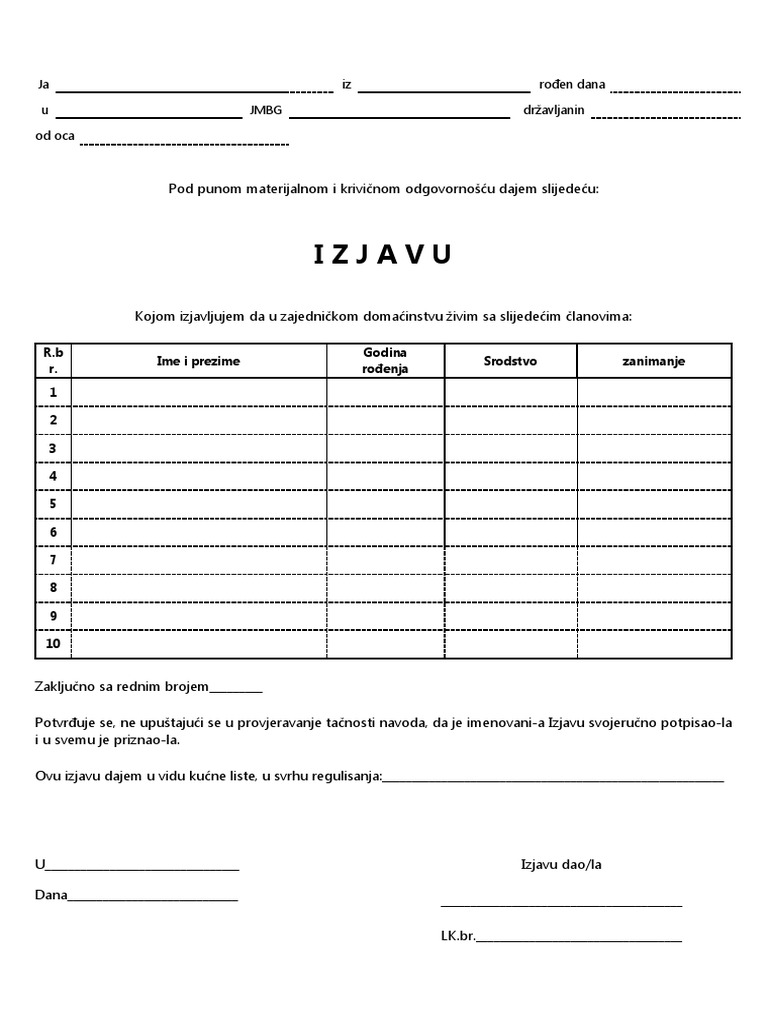 Obrazac Kucna Lista Lat