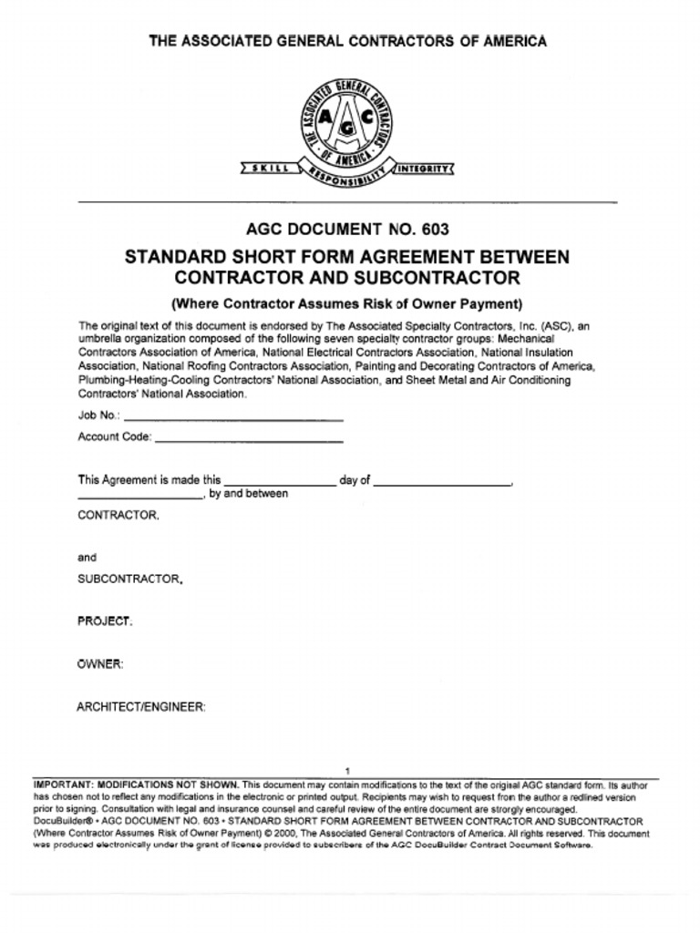 AGC 603 Subcontract Short Form