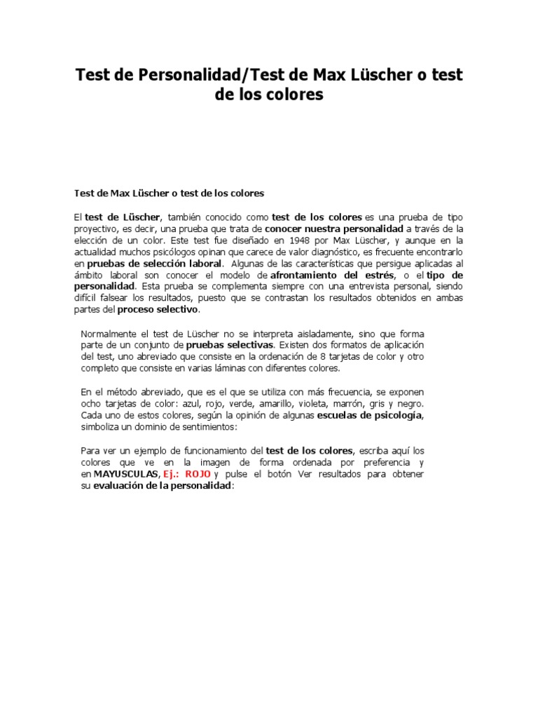 Test de Personalidad de Los Colores | Descargar gratis PDF | Color | Rojo