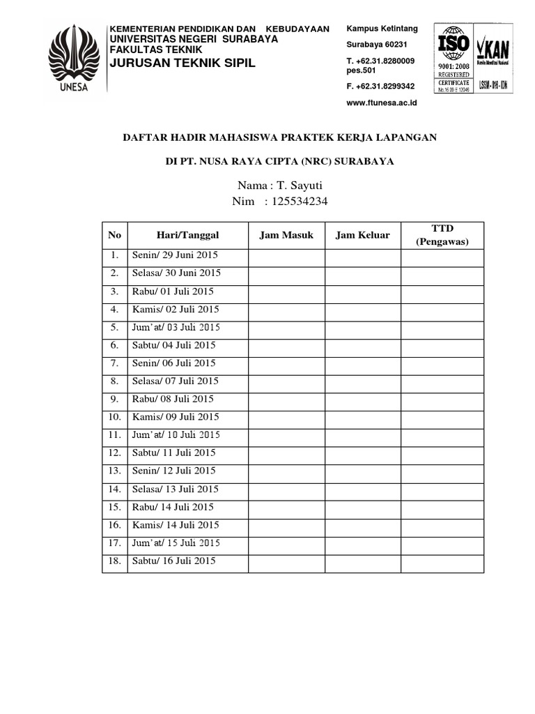 Daftar Hadir Mahasiswa Praktek Kerja Lapangan (Sayuti) | PDF