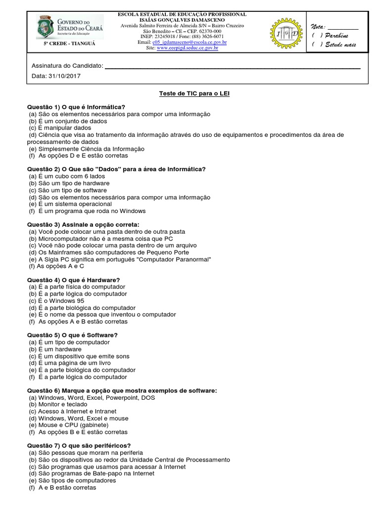 Teste de TIC | PDF | Informática | Tecnologia digital