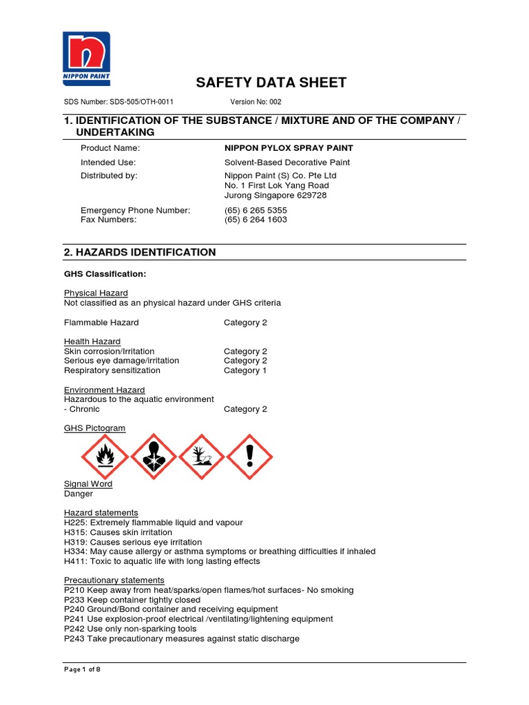 NIPPON PYLOX PAINT Technical Specification | Dangerous Goods | Oxygen