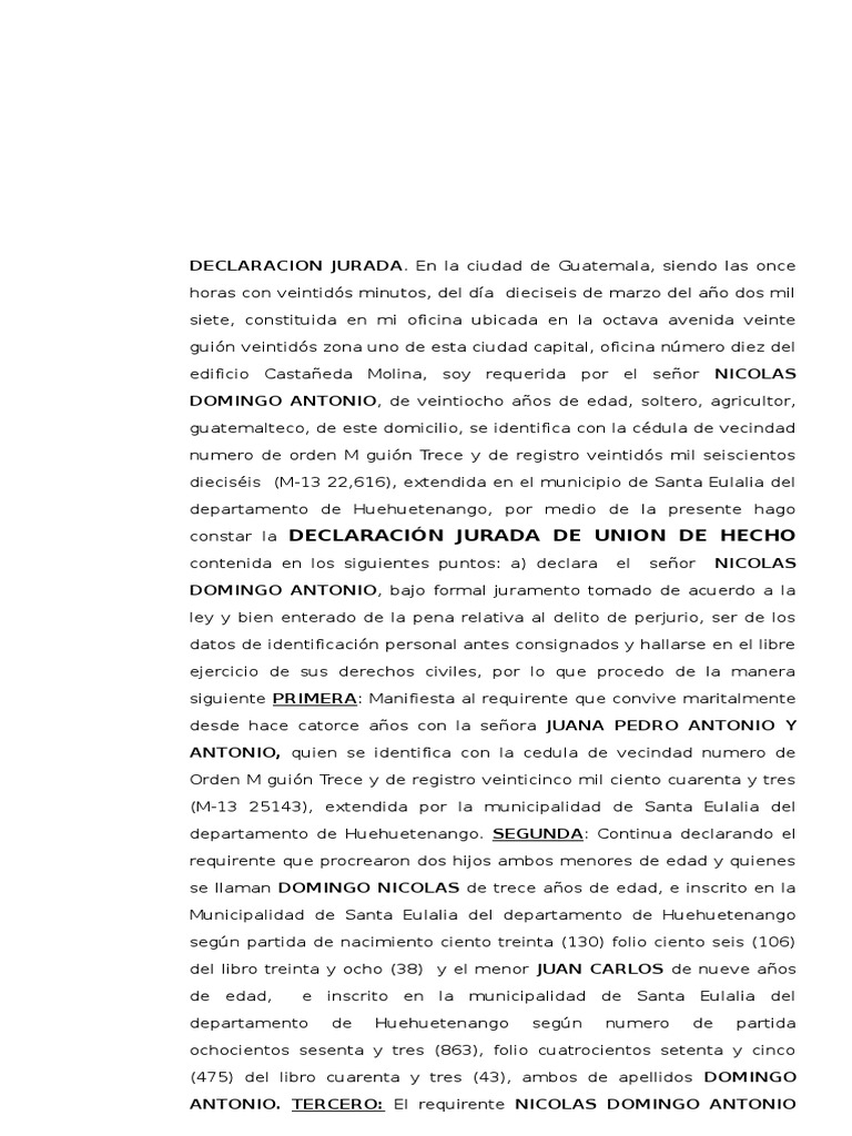 Declaracion Jurada Union de Hecho | PDF | Guatemala | Justicia
