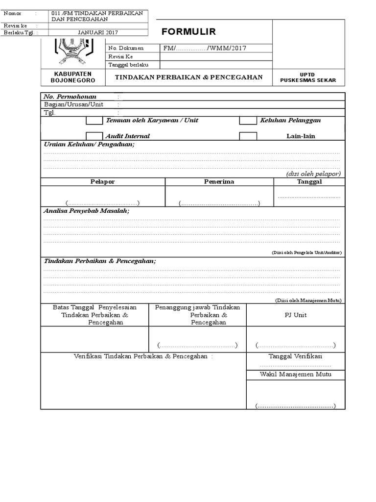 011 - Form Tindakan Perbaikan & Pencegahan | PDF
