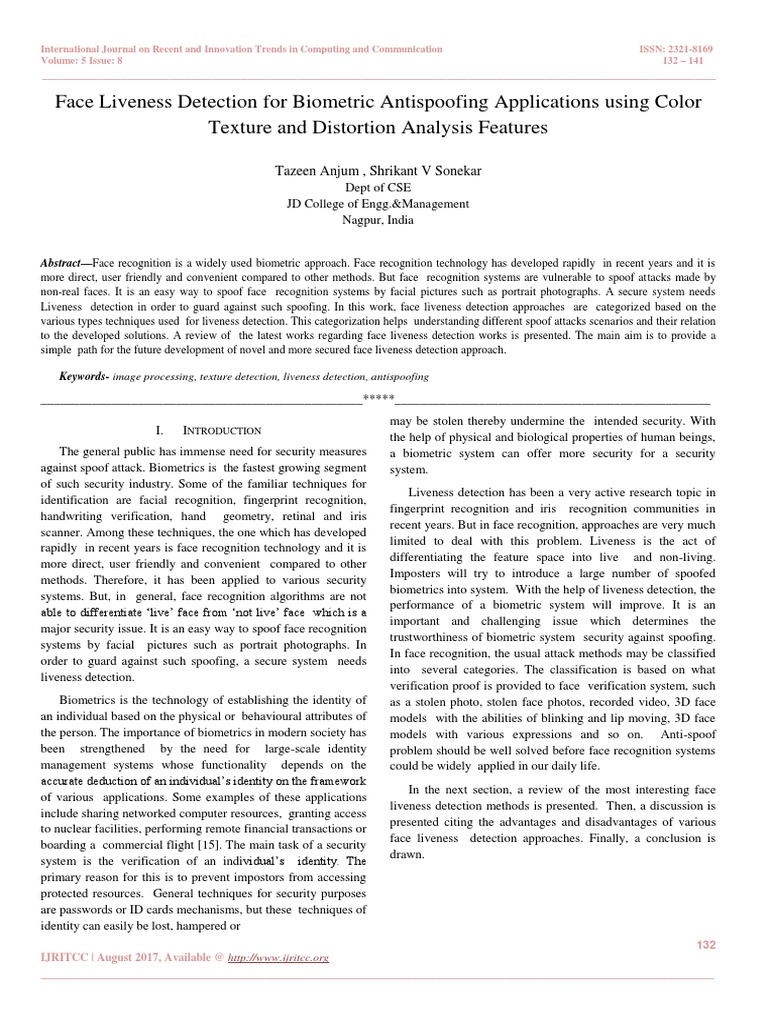 Face Liveness Detection For Biometric Antispoofing Applications Using ...