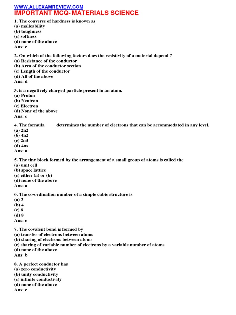 Important MCQ - Materials Science | PDF | Electrical Resistivity And ...