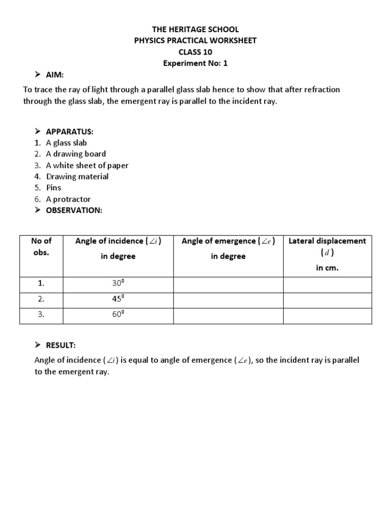 The Heritage School Physics Practical Worksheet Class 10 Experiment No ...