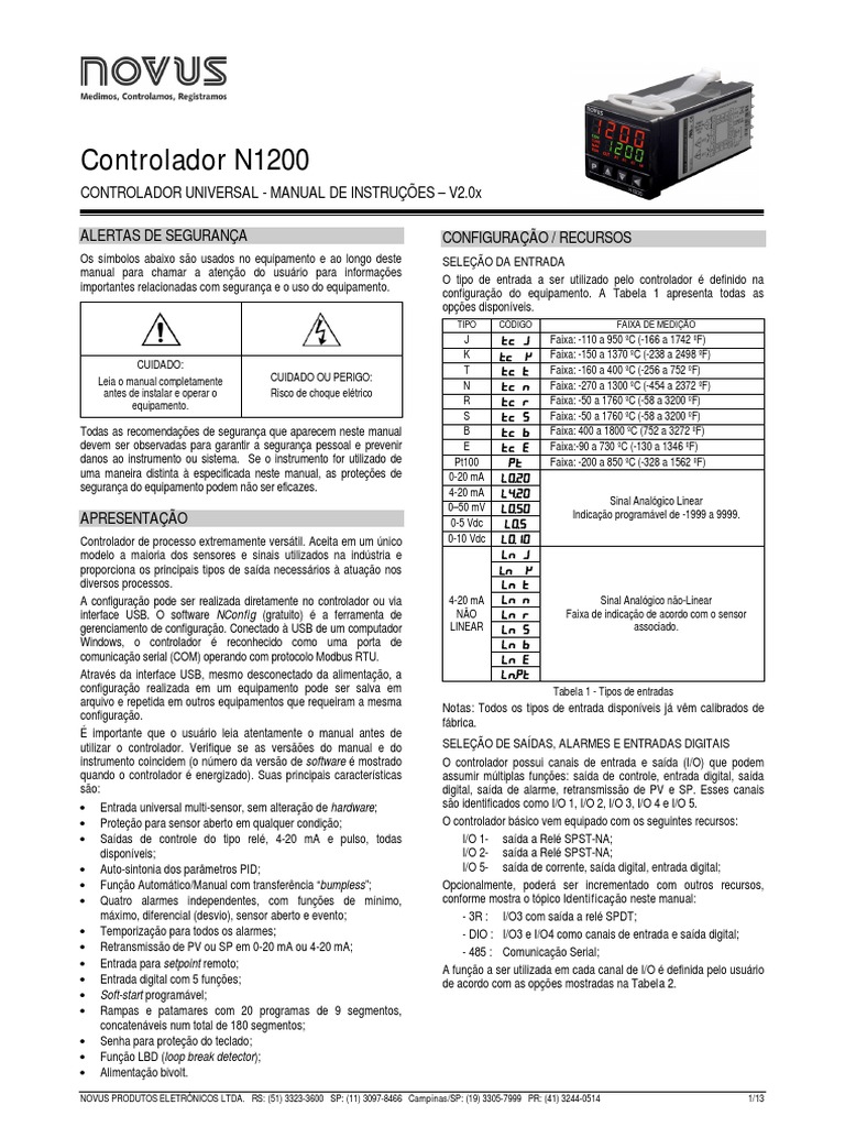 Manual Controlador Novus Modelo N1200 v20x | PDF | Entrada/Saída ...