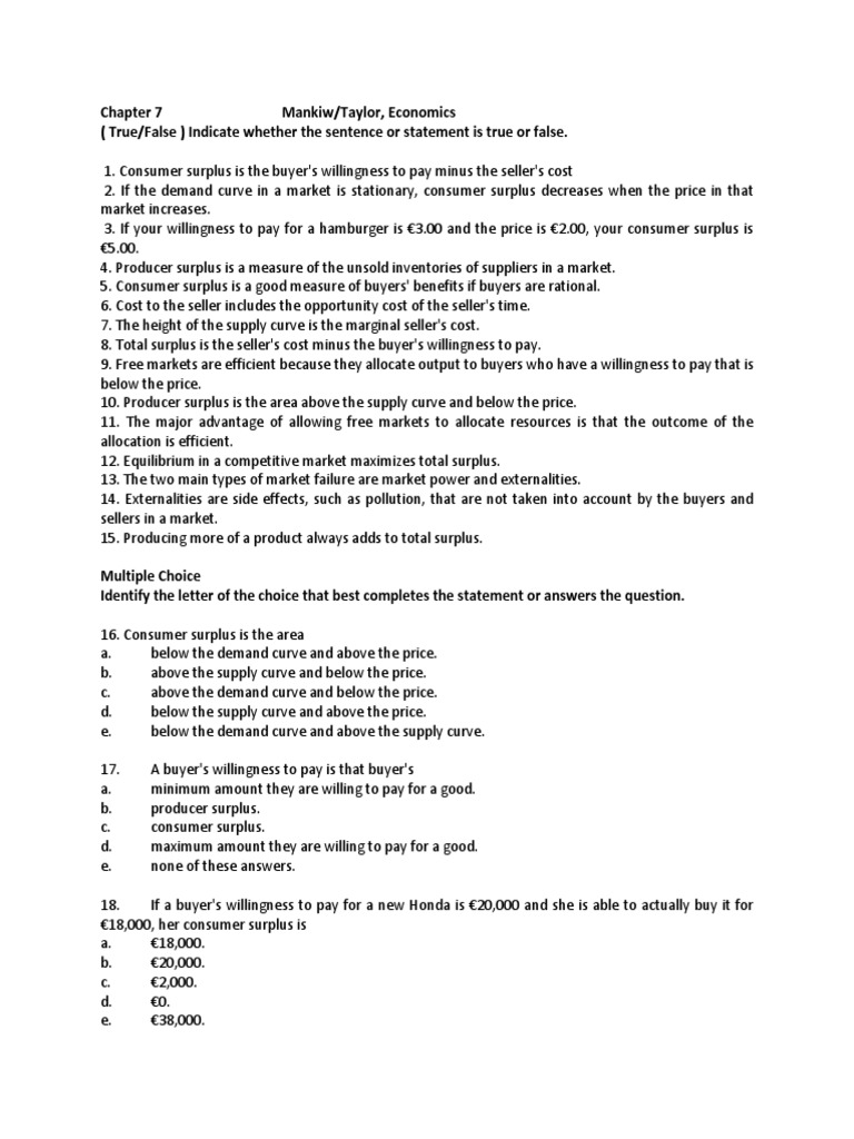 Chapter 7 MCQ | PDF | Economic Surplus | Supply And Demand