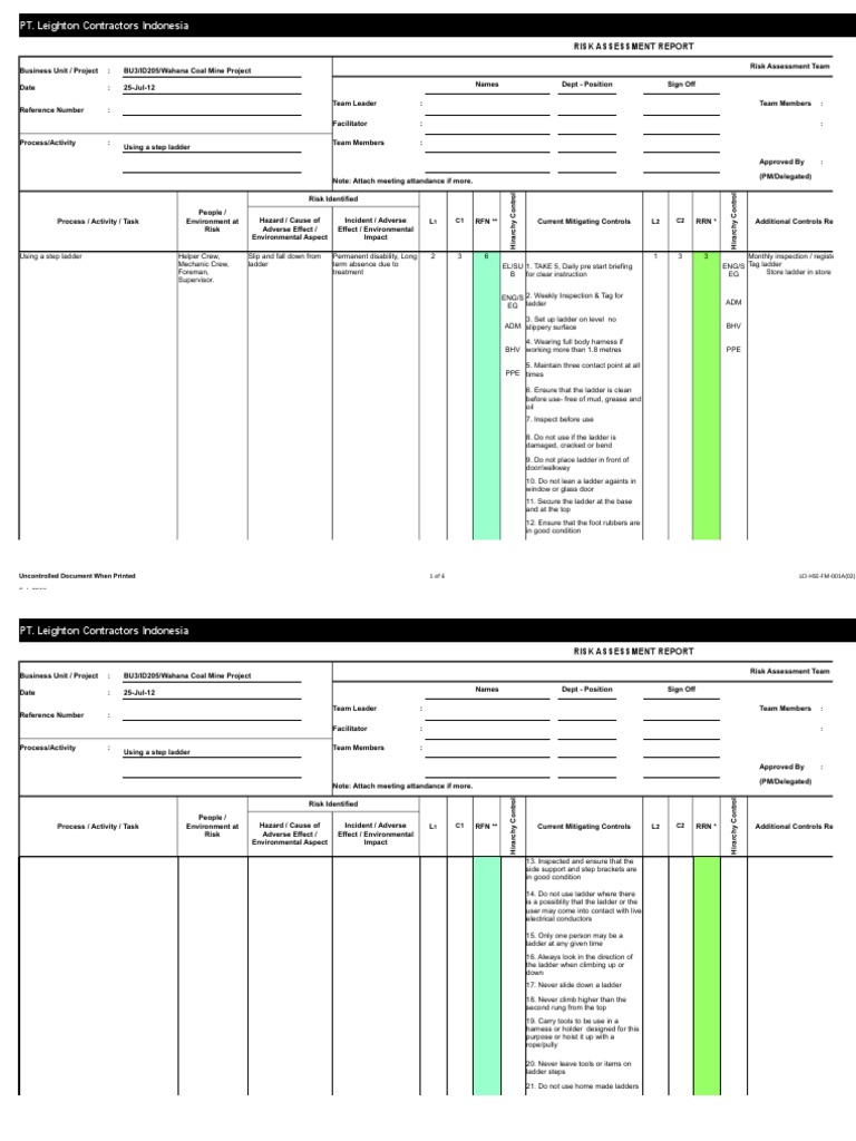 02. Using a step ladder (WS).xlsx | Risk Assessment | Risk