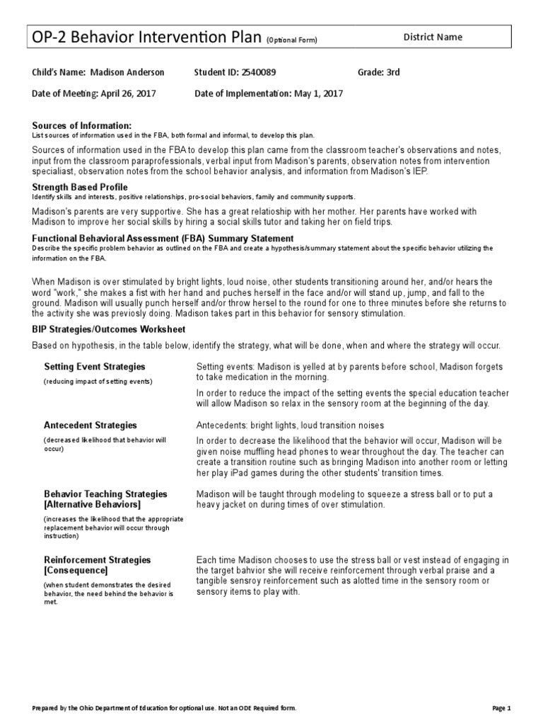 OP-2 Behavior Intervention Plan | PDF | Individualized Education ...