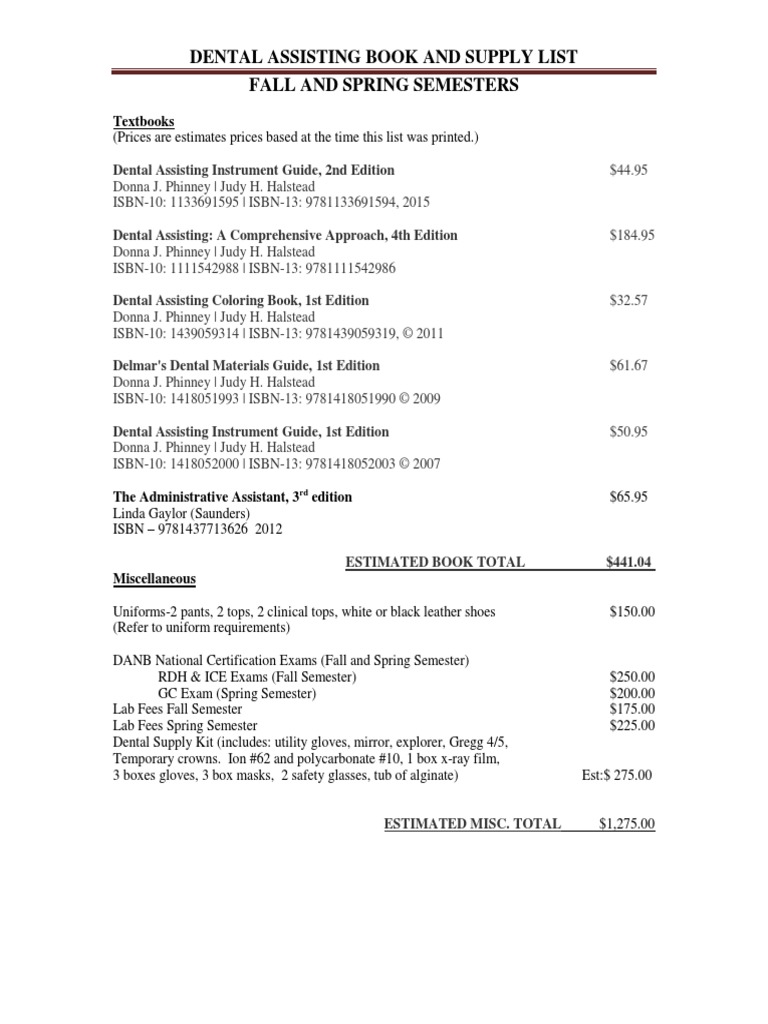 Dental Assisting Book and Supply List Fall and Spring Semesters | PDF ...