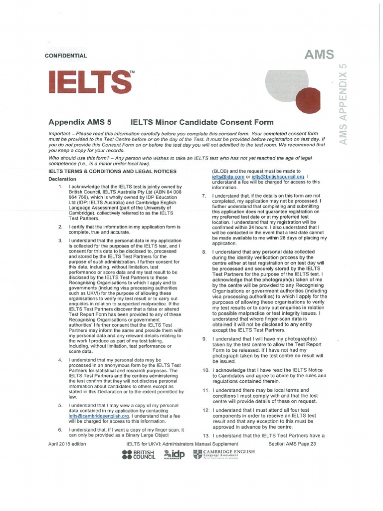 Minor Consent Form for IELTS Exams | PDF | International English ...