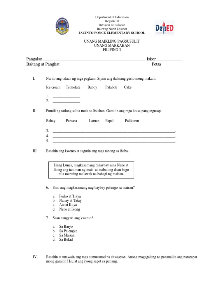 Grade3 1st Summative Test Q1 | PDF