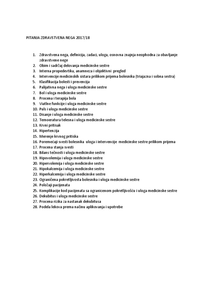 Ispitna Pitanja Pitanja ZDR Nega | PDF