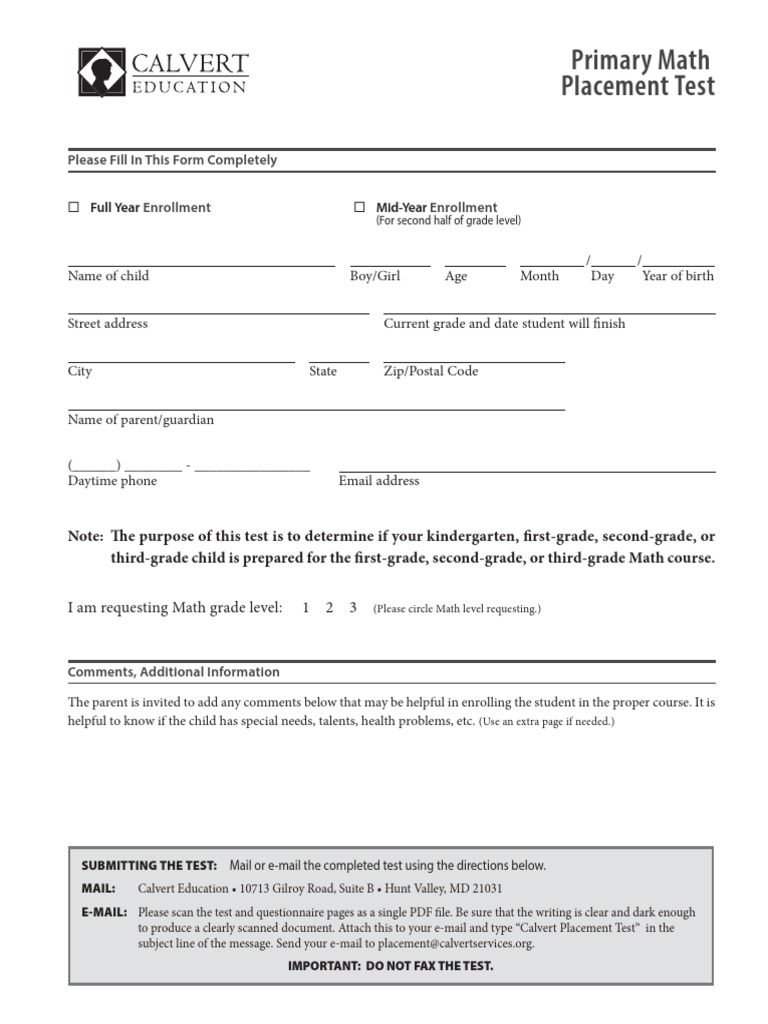 Primary Math Placement Test: Name of Child Boy/Girl Age Month / Day ...
