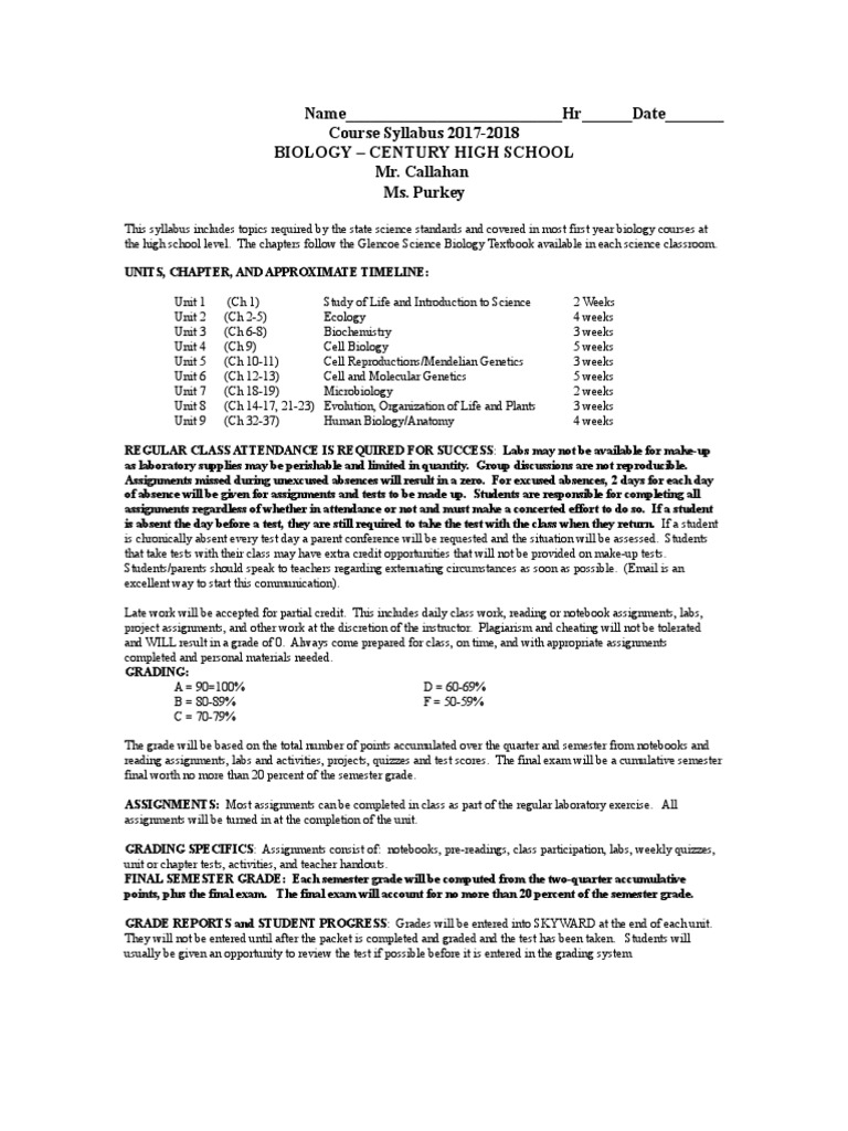 Biology Syllabus 2017-2018 Overview | PDF | Biology | Test (Assessment)