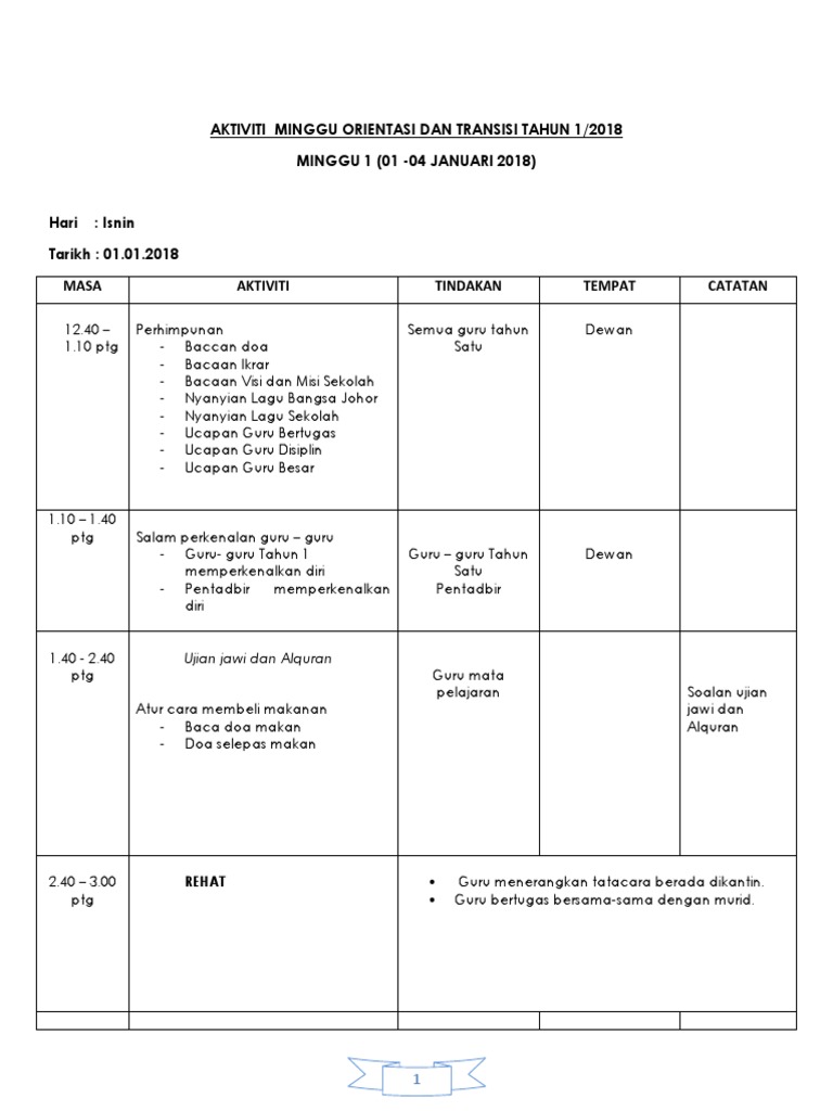 Jadual Minggu Orientasi Dan Transisi | PDF