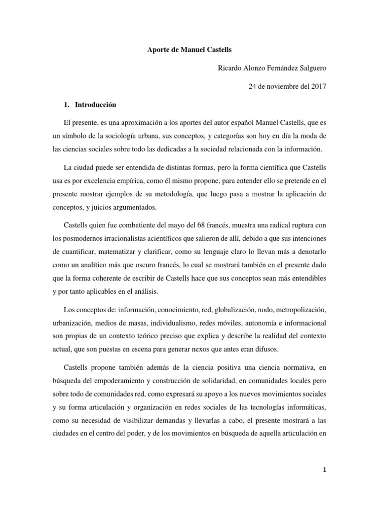 Aporte de Manuel Castells. Ricardo Alonzo Fernández Salguero | PDF ...