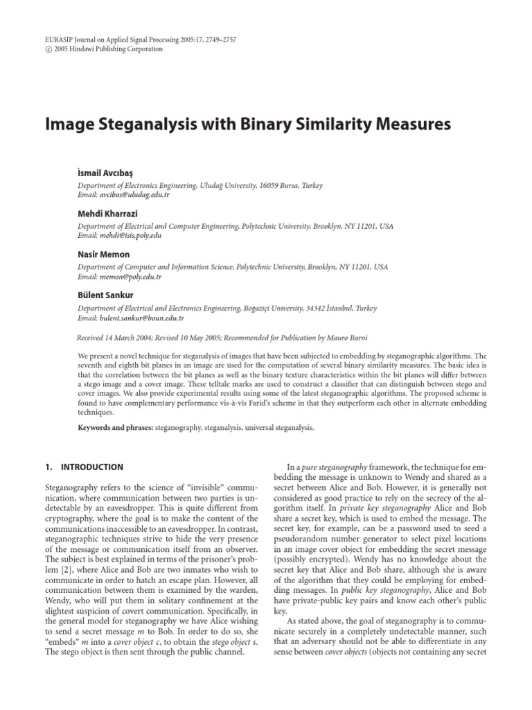Image Steganalysis With Binary Similarity Measures | PDF | Key ...