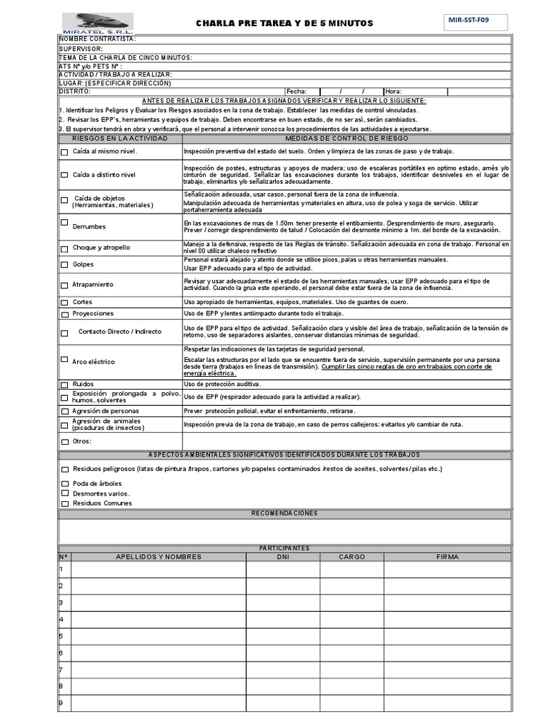 Pre-task safety meeting and 5-minute talk documentation | PDF ...