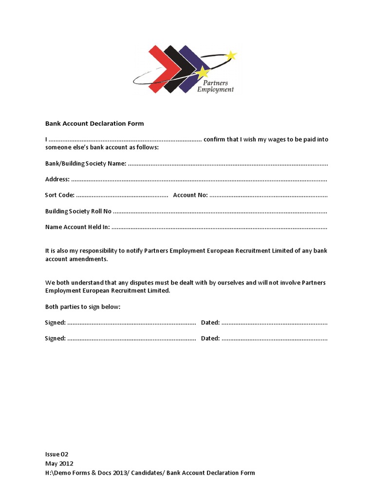Bank Account Declaration Form