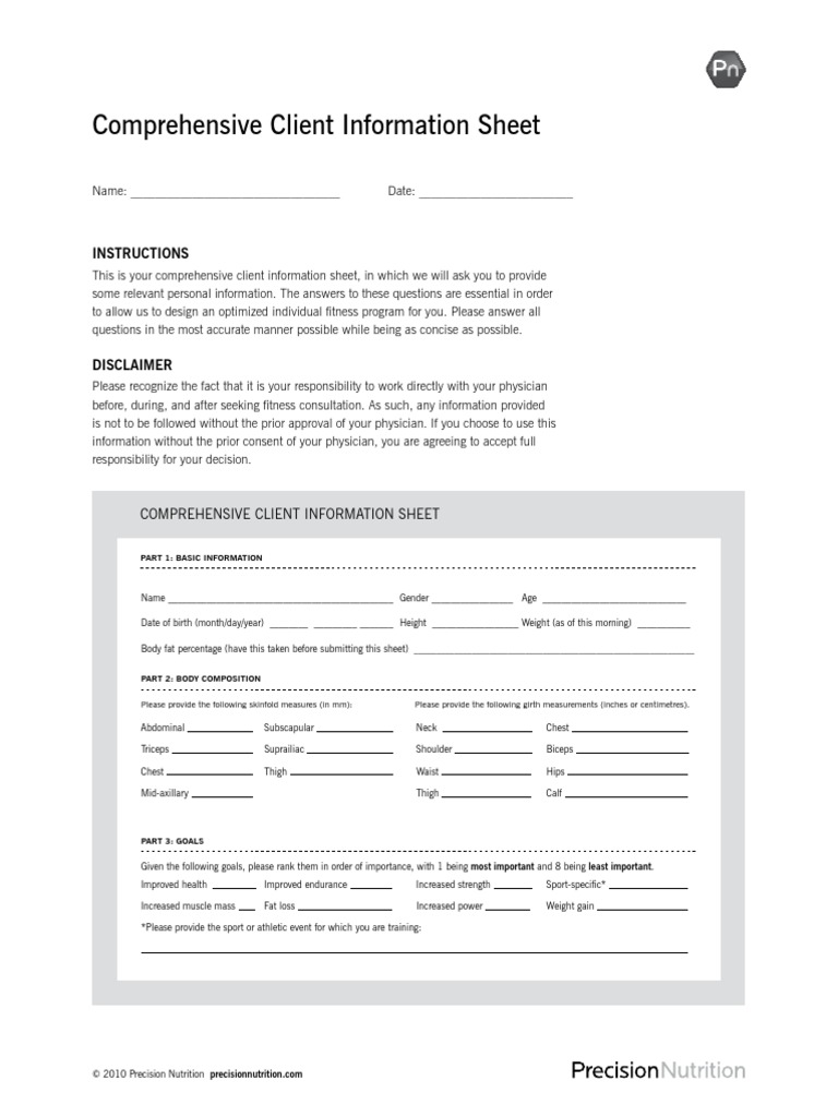 Precision Nutrition Comprehensive Client Information Sheet PDF | PDF ...