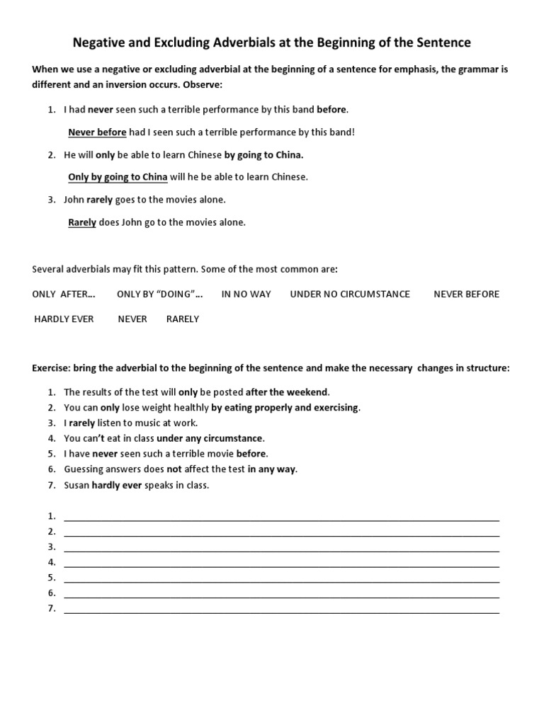 Negative Adverbials at The Beginning of The Sentence | PDF