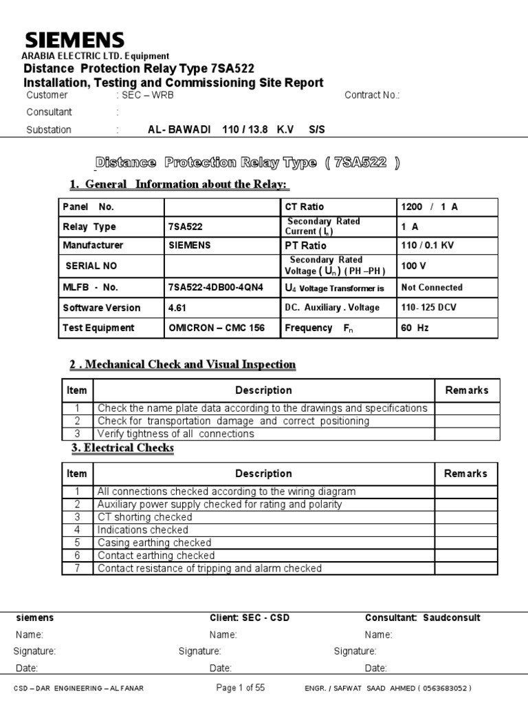 How To Test Distance Relay 7SA522 PDF | PDF | Electrical Substation | Relay
