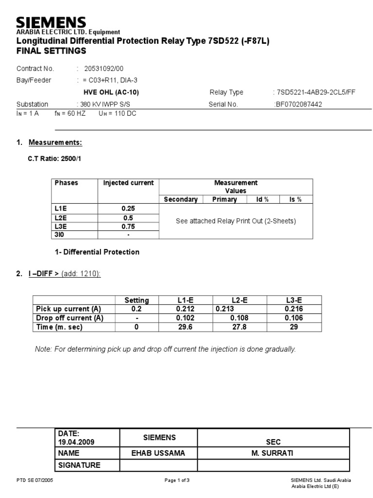 7SD522 Relay Final Settings Guide | PDF | Electrical Engineering ...