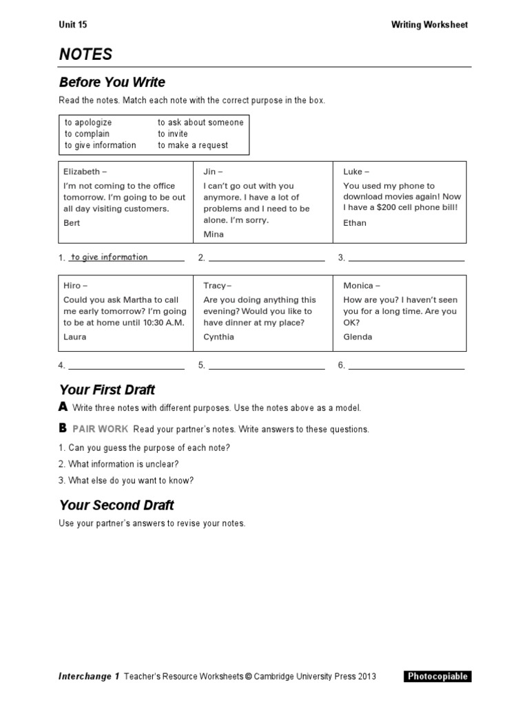 Interchange4thEd Level1 Unit15 Writing Worksheet | PDF