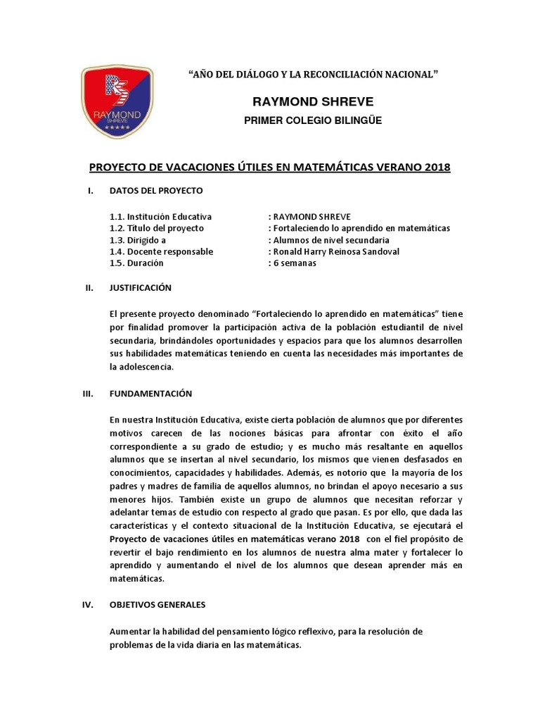 Proyecto Vacacional Matemática 2018 | PDF | Educación Secundaria ...