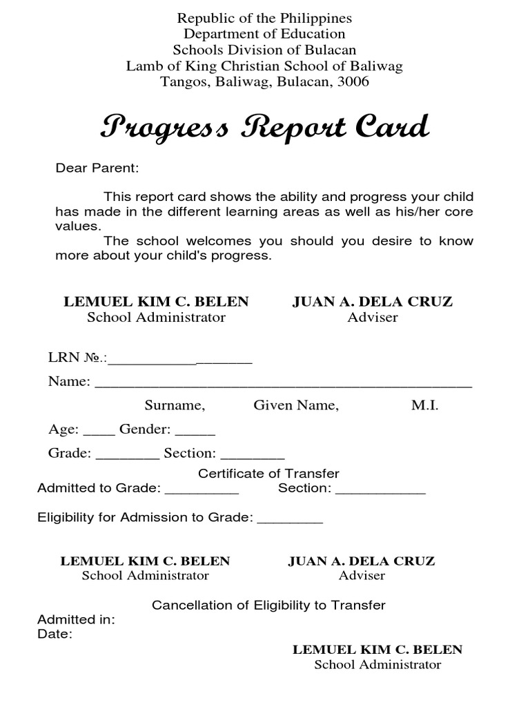Progress Report Card: Lemuel Kim C. Belen Juan A. Dela Cruz | PDF