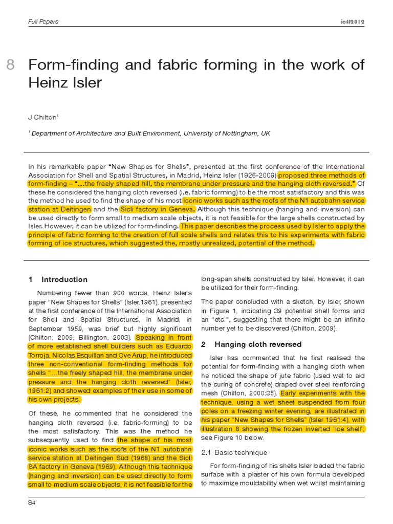 Form Finding and Fabric Forming in The Work of Heinz Isler | PDF ...