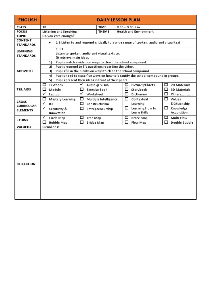 English Daily Lesson Plan: Class Time Focus Theme Topic Content ...