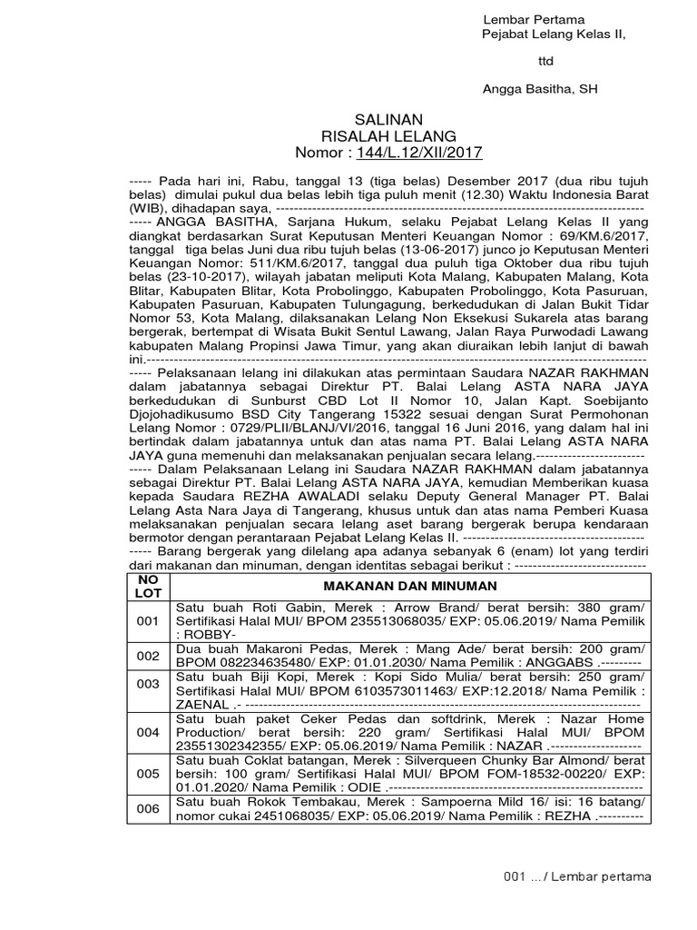 Contoh Salinan Risalah Lelang | PDF