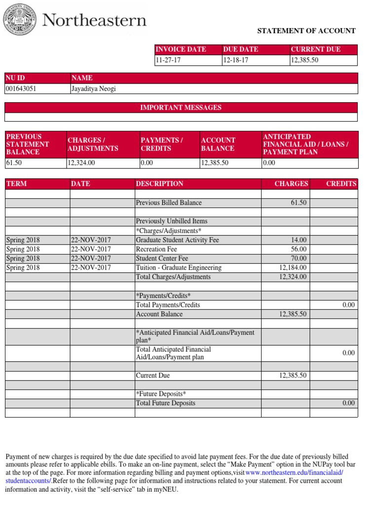 Spring 2018 Tuition and Fee Statement for Graduate Student Jayaditya ...