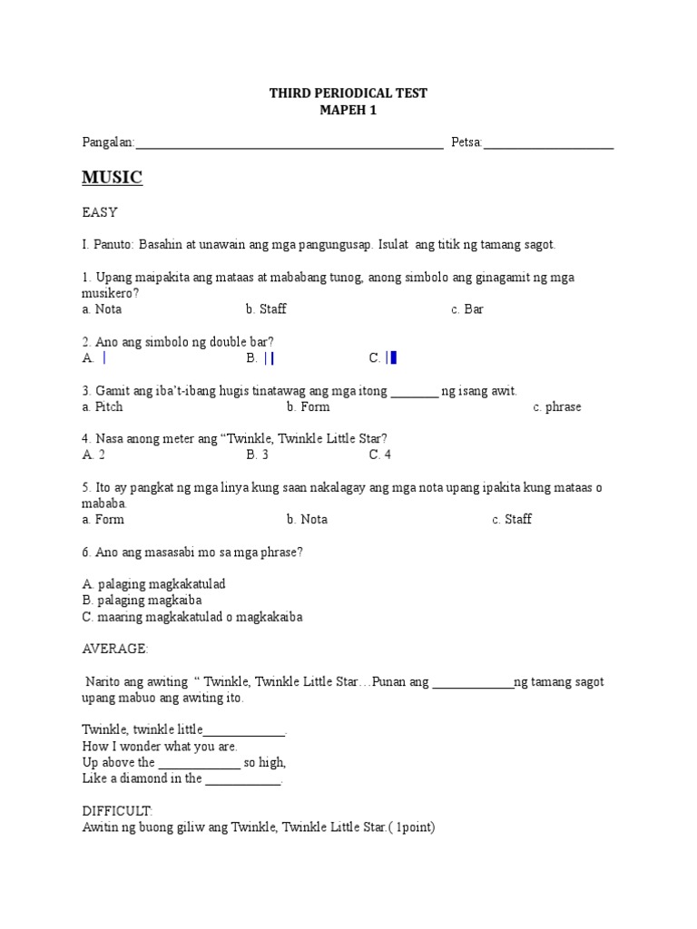 Third Periodical Test in Mapeh 1 | PDF