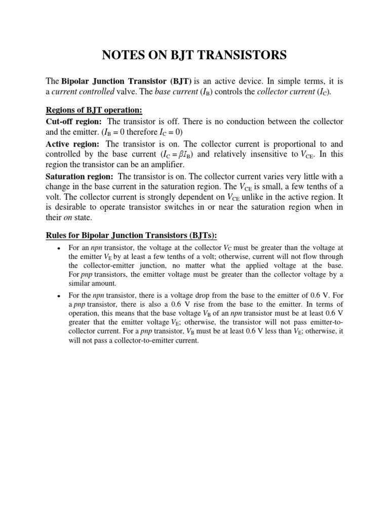Notes On BJT Transistors | PDF | Bipolar Junction Transistor | Transistor