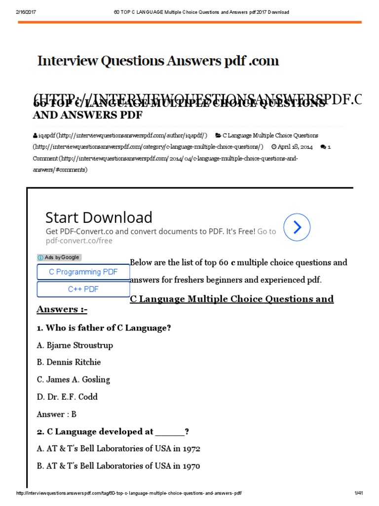 60 TOP C LANGUAGE Multiple Choice Questions and Answers PDF 2017 ...