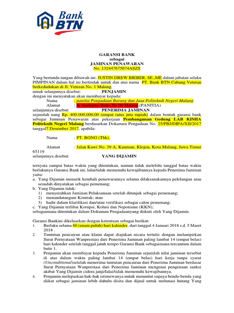 Contoh Kop Bank Penerbit Jaminan Untuk Lelang | PDF