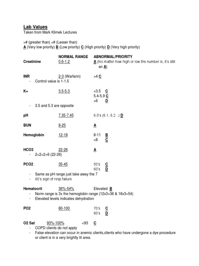 Lab Values | PDF | Blood | Hematology