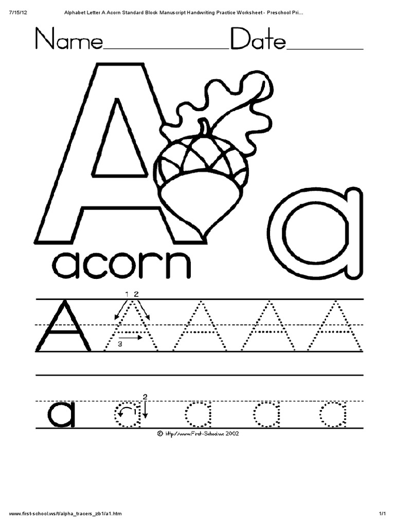 Alphabet Letter A Acorn Standard Block Manuscript Handwriting Practice ...