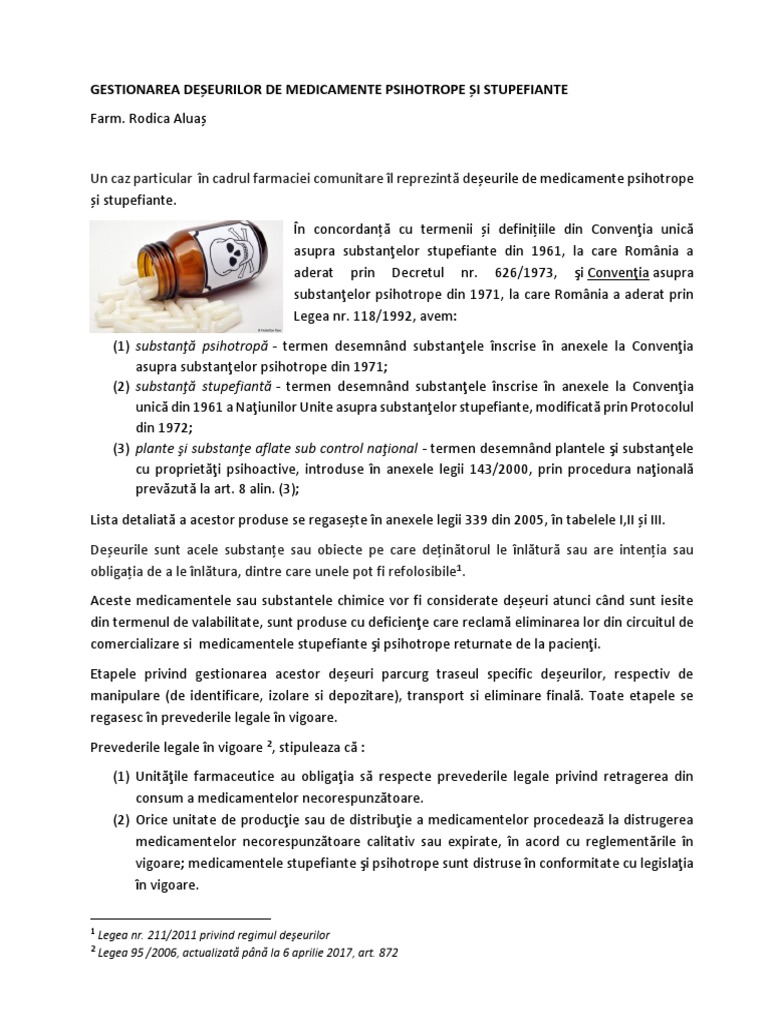 Gestionarea Deșeurilor de Medicamente Psihotrope Și Stupefiante